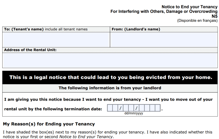 N5 Form LTB: Notice to End Tenancy for Interfering, Damages or Overcrowding